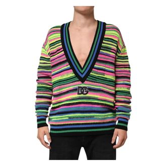 Dolce & Gabbana Multicolor DG Logo V-Ausschnitt Strickpullover - - Knitwear - Herren - Mehrfarbig - M