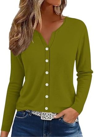 Generic Haut à manches longues boutonné et col en V pour femme - Décontracté et léger, vert militaire, M