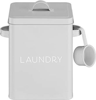 Navaris Bo&icirc;te &agrave; lessive - Bo&icirc;te de Rangement en m&eacute;tal 23 x 18 x 15,5 cm avec Couvercle et cuill&egrave;re doseuse pour lessive en Poudre Tablette Savon