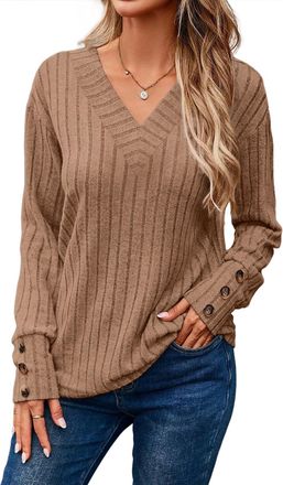 Dokotoo Pullover Damen V-Ausschnitt Langarmshirt Leichte Strickpullover Herbst L&auml;ssige Oberteile Pulli Tops mit Knopf, Khaki, S