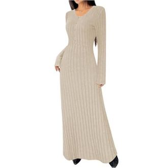 Generic Robe longue tricot&eacute;e pour femme, col en V, manches longues, boutonn&eacute;e sur le devant, longueur au sol, douce, extensible, confortable, week-end, brunch