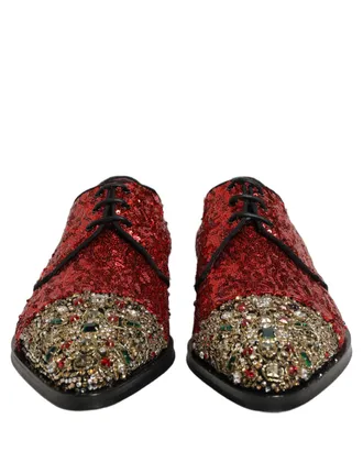 Dolce & Gabbana Red Sequin Embellished Men Derby Dress Shoes Leather
