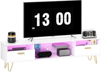 HOMCOM TV-Möbel mit RGB-LEDs in 16 Farben TV-Möbel für Fernseher bis 42 bis 120 Zoll mit 2 Schubladen und offenem Regal, moderne TV-Bank für Wohnzimmer Schla