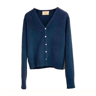 Generic Cardigan en laine &agrave; col en V pour femme - Pull chaud en peluche - Pour printemps et hiver - 100 % laine m&eacute;rinos, Bleu Kongque, XL