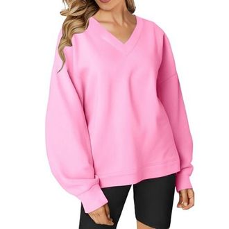 Generic Sweat-shirt uni confortable et léger à col en V surdimensionné pour femme - Pull décontracté en polaire - Pull mignon à manches longues pour adolescen