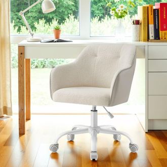 Songmics Chaise de Bureau, Fauteuil dAppoint pour Bureau &agrave; Domicile, en Tissu Peluche Respirant et PU, Hauteur R&eacute;glable, Beige