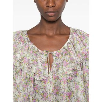Raquel Diniz Ruffled Floral Print Silk Blouse - White