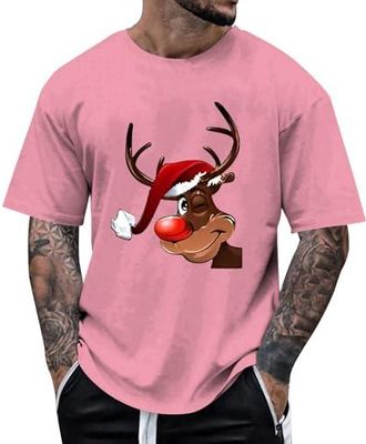 Generic T-shirts de No&euml;l pour hommes UK Automne Tee-shirt de P&egrave;re No&euml;l L&eacute;ger Renne Col Rond Tunique Hauts Moche Dessin Anim&eacute; Col Ras du Cou Streetwear, rose, 
