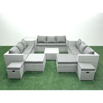 Fimous Gartenm&ouml;bel-Set 14-Sitzer Polyrattan Sofa Set mit Beistelltisch 4 Hockern Hellgrau gemischt - Fimous