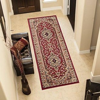 Tapiso Tapis De Couloir Classique - Couleur Rouge Beige Motif Chic Bordure D&eacute;corative - Collection Atlas 100 x 300 cm