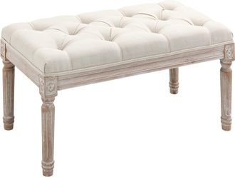 HOMCOM Sitzhocker, Polsterbank mit Leinenoptik, Fu&szlig;hocker mit gepolstertem Sitz, Holzbein, Ottomane Fu&szlig;st&uuml;tze aus Holz, f&uuml;r Wohnzimmer, Schlafzimmer, Cremewe