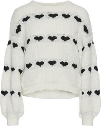 Pieces Pcnove Ls O-Neck Heart Knit BC Pull en Tricot, Cloud Dancer-Détails : coeurs Noirs, XS Femme