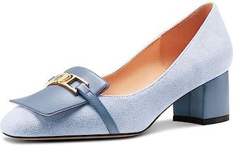 Castamere Femmes Bloc Chunky Mi Talon Heel Carr&eacute; Bout Slip-on Cha&icirc;ne M&eacute;tal Escarpins Mariage Danse Dress 5 CM Heels Bleu Clair 38 EU