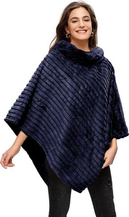 Glamexx24 Damen Poncho Eleganter Cape Winter Poncho mit Rundhalsausschnitt, dicker Umhang aus warmem Strickfell, Blau