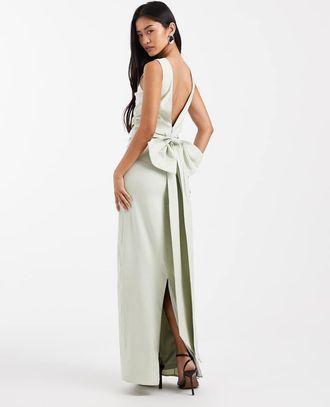 Tfnc Robe longue pour demoiselle dhonneur en bengaline avec noeud amovible dans le dos - Vert sauge