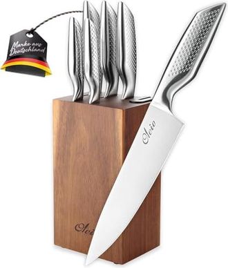 Oleio Oleio Maestro bloc &agrave; couteaux 5 pi&egrave;ces en acier inoxydable avec bloc en bois dacacia et aiguiseur int&eacute;gr&eacute; | couteaux de cuisine professionnels pour vi