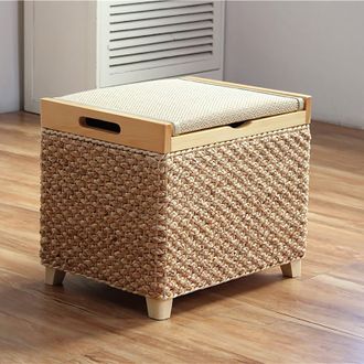 Generic Handgefertigter Ottoman-Hocker Mit Stauraum Aus Rattan, Fußstütze Aus Massivholzrahmen Mit 45 L Fassungsvermögen - Ideale Schuhbank for Eingangsbereic