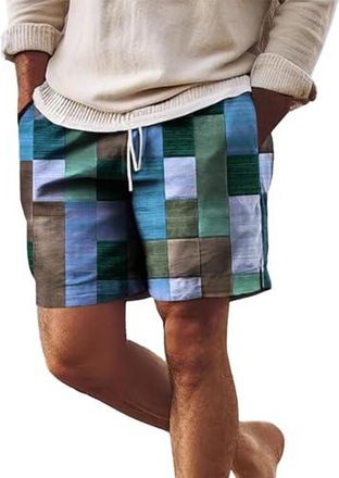 Generic Short d&eacute;t&eacute; pour homme - Short d&eacute;contract&eacute; - Poche - Cordon de serrage - Taille &eacute;lastique - Bloc de couleurs graphique - Motif g&eacute;om&eacute;trique - Respirant 