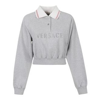 Versace Femme, Sweatshirts et sweats &agrave; capuche, Gris, Taille: 38 FR Polo Court en Coton Jersey