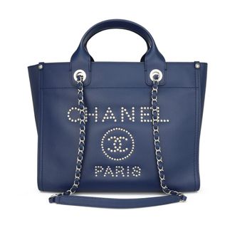Chanel Studded Navy Blue Caviar Deauville Tote Small