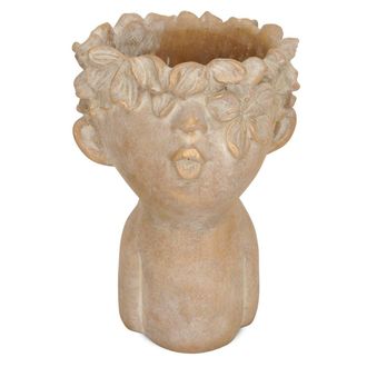 Matches 21 H&uuml;bscher Blumentopf Kopf mit Gesicht und Blumen-Krone braun gold - 17,5 x 25,5 cm Zement Pflanzkopf als Zimmerpflanzen Tisch-Deko - Pflanzentopf f&uuml;r d