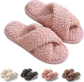 Generic Chaussons Femme Bandes Crois&eacute;es Flous Slide &Agrave; Doigts Ouverts en Mousse M&eacute;moire Plush, Chausson Chauds Confortables pour Chambre Maison Int&eacute;rieur,Rose,