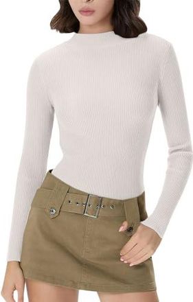 Generic Haut &agrave; col roul&eacute; c&ocirc;tel&eacute; uni &agrave; manches longues pour femme, pull en tricot chaud et ajust&eacute; pour le quotidien, le bureau et par temps froid, blanc, XXL