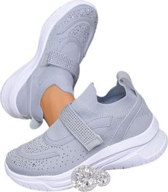 Generic Baskets orthopédiques en tricot avec strass pour femme, baskets à plateforme orthopédique, en maille respirante à enfiler, chaussures de tennis de mar