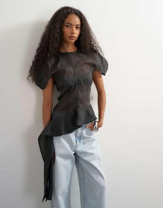 Topshop Oberteil mit Puff&auml;rmeln, Organza und Volant-Detail in Schwarz