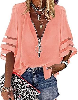 Onsoyours Femme Sweater Été Grande Taille Couleur Unie Fermeture Éclair Col en V Chic Haut Top Blouses Chemisiers Tee-Shirt en Mousseline de Soie C Rose L