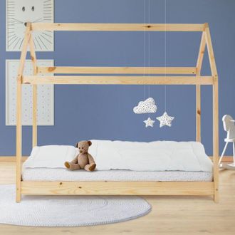 ML Design Ml-design - Lit dEnfants 80x160 cm avec Toit et Sommier en Bois de Pin Massf, Nature, Structure Maison, Cabane Simple dAdolescents, pour Fille et