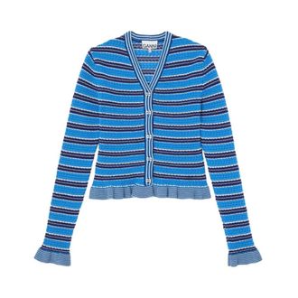 Ganni Cotton Pointelle Stripe Cardigan Marina - - Knitwear - Damen - Blau - M