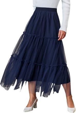 Cupshe Jupe longue en tulle pour femme - Taille haute - En maille superpos&eacute;e - Jupe longue &eacute;l&eacute;gante, bleu marine, M