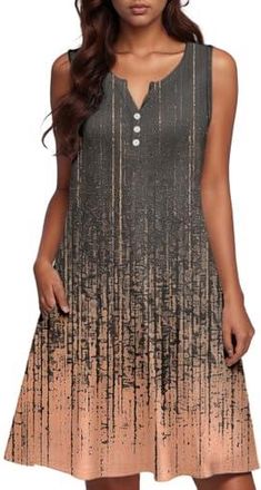 Generic Robe boh&egrave;me 2026 pour femme, style ethnique, imprim&eacute; floral, sans manches, mini d&eacute;bardeur d&eacute;t&eacute;, tunique sexy d&eacute;contract&eacute;e, kaki, M