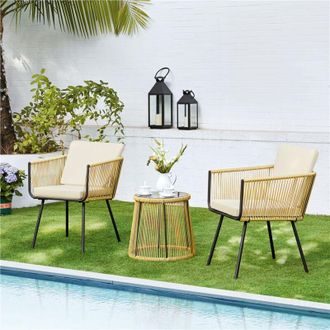 Yaheetech Ensemble Bistro 2 Personnes Salon de Jardin en Osier 3 Pi&egrave;ces avec Fauteuils &agrave; Coussins Table Basse &agrave; Cadre M&eacute;tallique Plateau en Verre Tremp&eacute;