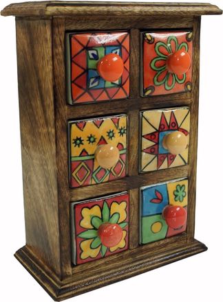 Guru Shop Apothekerschr&auml;nkchen mit Bunten Keramik Schubf&auml;chern, Gew&uuml;rzkiste - 2x3 F&auml;cher Modell 1, 25x18x10 cm