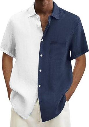 Generic Chemise en lin &agrave; manches courtes pour homme - Chemise d&eacute;t&eacute; d&eacute;contract&eacute;e pour homme - Coupe droite - Chemise en lin boutonn&eacute;e - Basique - Haut de plage