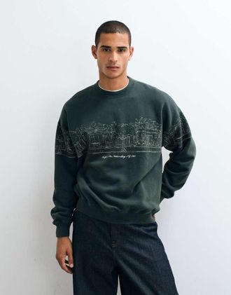 Abercrombie & Fitch sweat-shirt &agrave; col rond graphique vert d&eacute;lav&eacute;