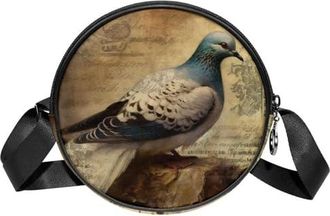 Generic Petit sac &agrave; bandouli&egrave;re rond pour femme, motif pigeon, vintage, avec fermeture &eacute;clair, bretelles r&eacute;glables, sac &agrave; main rond d&eacute;contract&eacute; pour femmes et