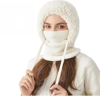 Generic Bonnet 3 en 1 avec écharpe et masque, cagoule tricotée pour femme avec doublure en polaire pour lextérieur, lhiver, chapeau tricoté chaud, blanc, Tail
