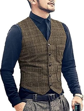 Solovedress Gilet Costume Homme Vintage Sans Manche Mariage Tweed Col V Gilets(Café, XL)