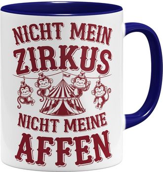 OM3 lustige Kaffee-Tasse mit Spruch - Nicht mein Zirkus nicht meine Affen - Zirkuszelt &Auml;ffchen - Statement B&uuml;rotasse III | Keramik Becher | 325ml | Beidse