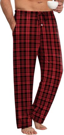 Ekouaer Schlafanzughose Herren Lang Schlafhose f&uuml;r Herren Pyjamahose M&auml;nner Karierte Hose mit Taschen Nachtw&auml;sche Hose Freizeithose Haushose Loungewear,Rot Ka