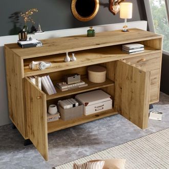 STILVORA Buffet Et Enfilade avec 2 Portes, 3 Tiroirs et Niche Ouverte, Fa&ccedil;ade &Agrave; Lattes, Style Vintage, en Bois, 120&times;40&times;85 cm, Ch&ecirc;ne Fonc&eacute;