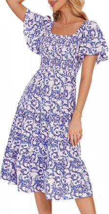 Bbonlinedress Sommerkleid Damen Blumendruck Freizeitkleider Casual Floral Boho midilang Strandkleid elegant leicht Blumenkleid White Blue Flower XL