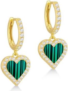 Amazon Essentials Boucles doreilles créoles en forme de coeur en argent sterling plaqué or jaune avec zircon cubique et malachite