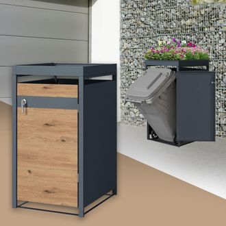 ML Design ML-Design Mülltonnenbox 1er mit Pflanzdach für 1 Tonne, 240L, 68x80x124 cm, Holzoptik, Stahl, wetterfest, Abschließbare Mülltonnenverkleidung mit Tür,