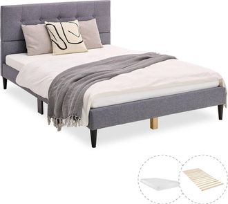 Homestyle4u Polsterbett 140x200 mit Matratze & Lattenrost, Designerbett Doppelbett mit elegantem Kopfteil, Grau | Artikel 2279