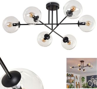 HOFSTEIN Deckenleuchte Koyoto, Deckenlampe aus Metall/Glas in Schwarz/Klar, Leuchte im modernen Retro/Vintage-Design mit Schirmen aus Glas (&Oslash; 15 cm), 6 x E14, 