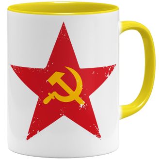 OM3 Soviet-Star Kaffee-Tasse mit Hammer und Sichel Symbol - Roter Stern - Retro Design - Keramik Becher - 325ml - Beidseitig Bedruckt - Gelb